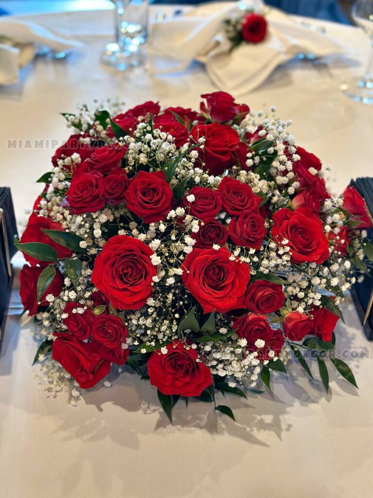 Rose Flower Bouquet On Table - Miami Party Decor - Party Decorations ...